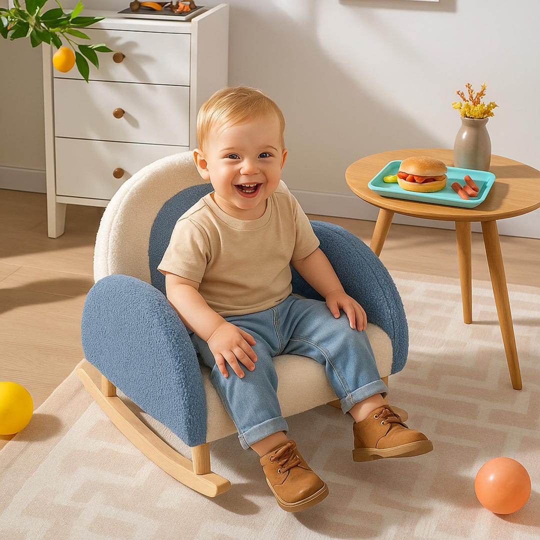 Kids Rocking Chair – Blue Teddy Plush Upholstered Sofa With Rainbow ...