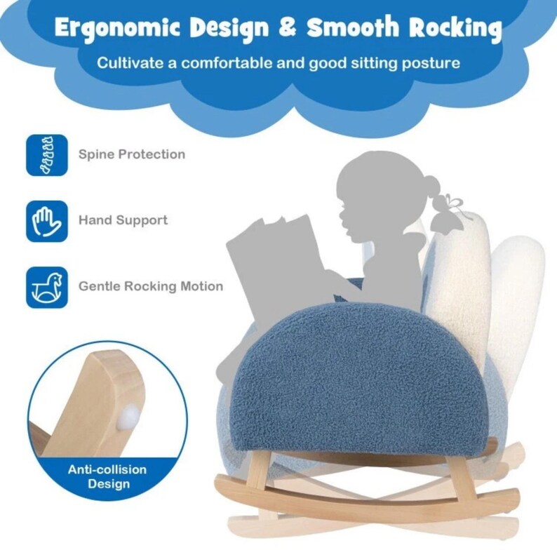 Kids Rocking Chair – Blue Teddy Plush Upholstered Sofa With Rainbow ...