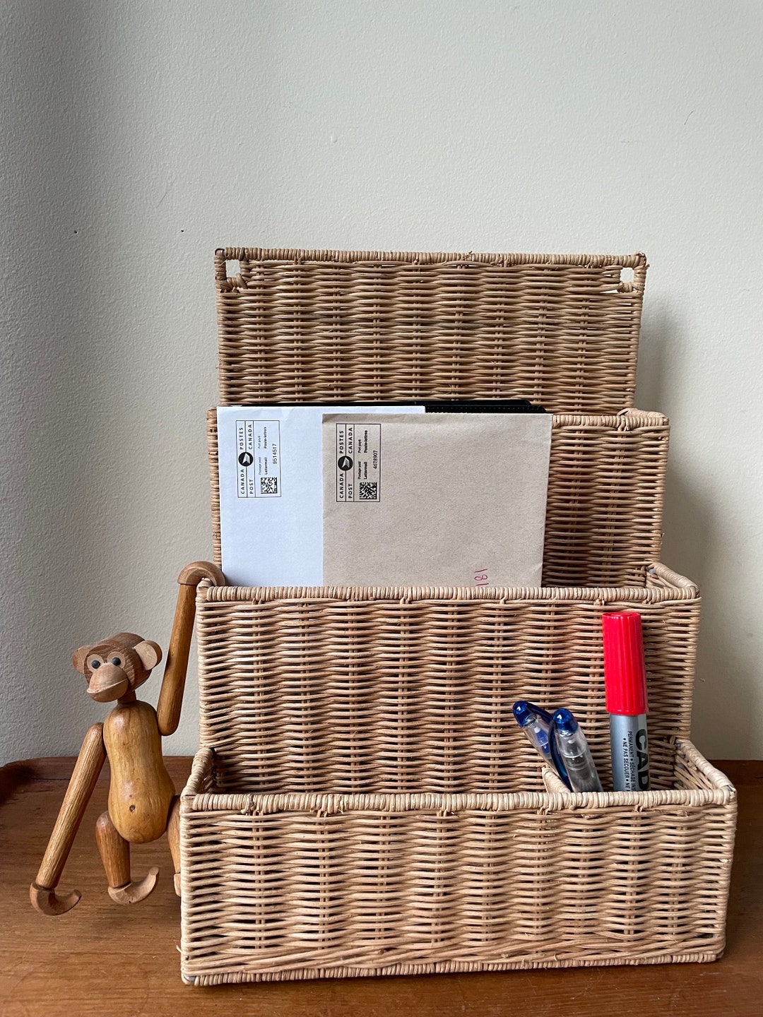 Vintage Wicker Letter Stand, Ratan Mail Holder, Wall Hanging Basket ...