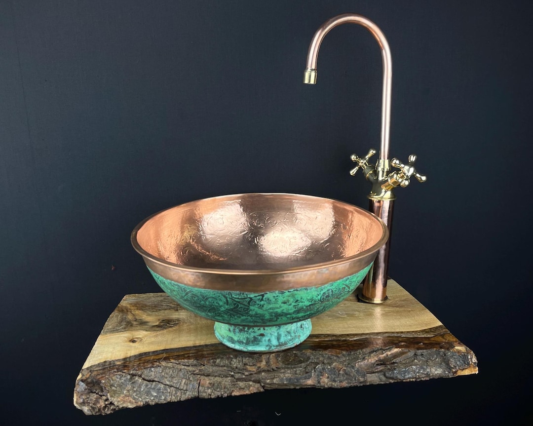 Engraved Copper Vessel Sink - Green Patina Oxidized Copper Sink ...