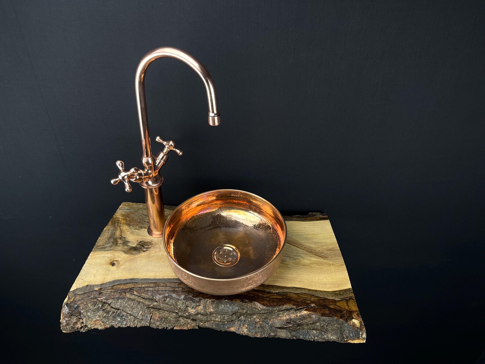 Copper Vessel Sink With Vintage Faucet, Live Edge Walnut Wood Vanity ...