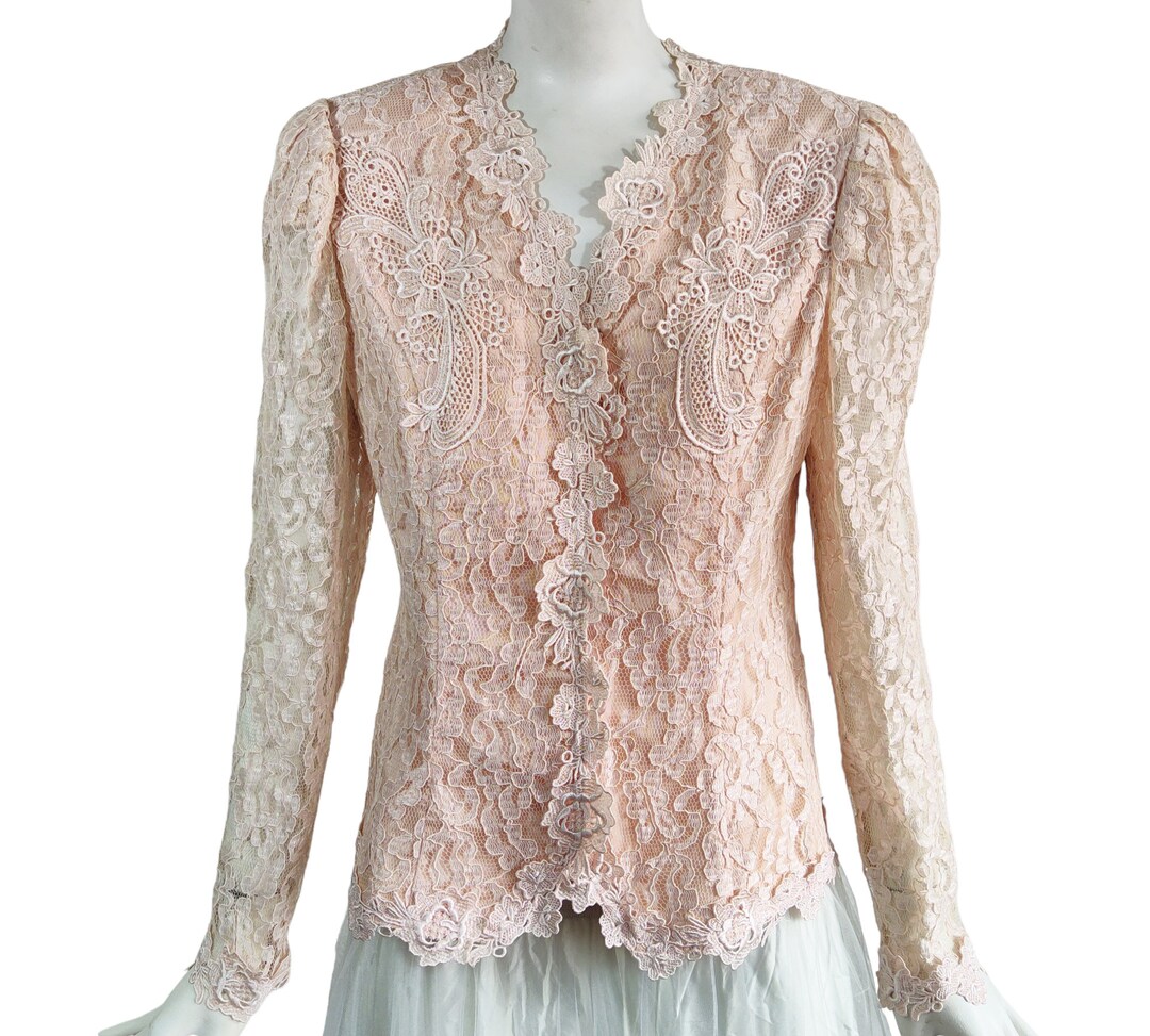 Vtg 90s LISA MICHAELS Romantic Coquette Champagne Lace Peachy Pink Top ...
