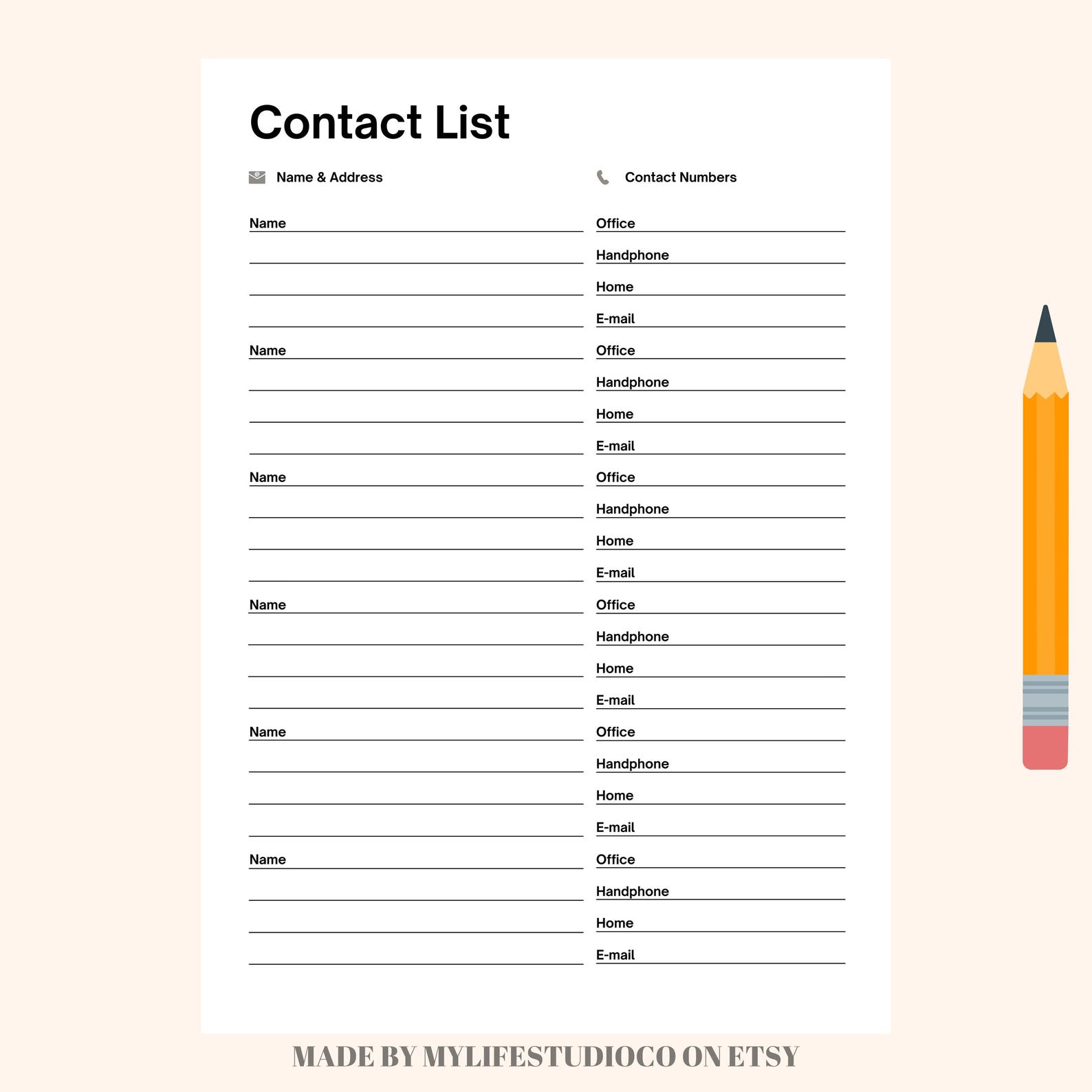 Contact List Template | Printable Address Book | Digital Contact ...