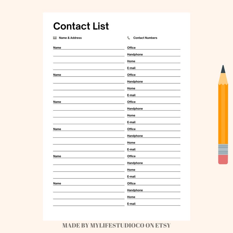 Contact List Template | Printable Address Book | Digital Contact ...