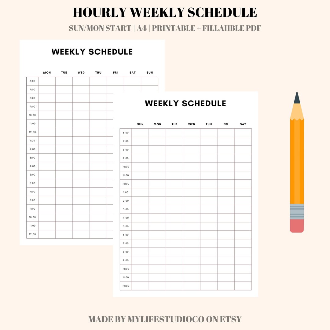 Hourly Weekly Schedule Landscape, Printable Weekly Planner, Week at a ...