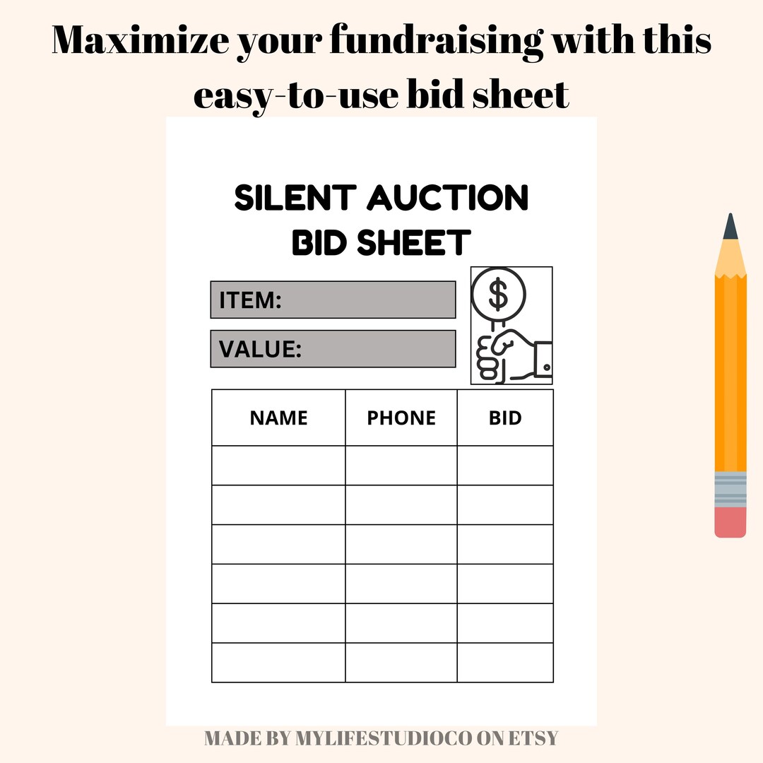 Silent Auction Bid Sheet, Printable Auction Form, Fundraiser Bid Sheet ...