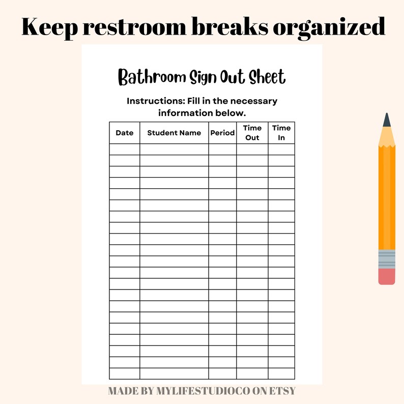 Bathroom Sign Out Sheet | Restroom Log | Printable Tracker | School ...