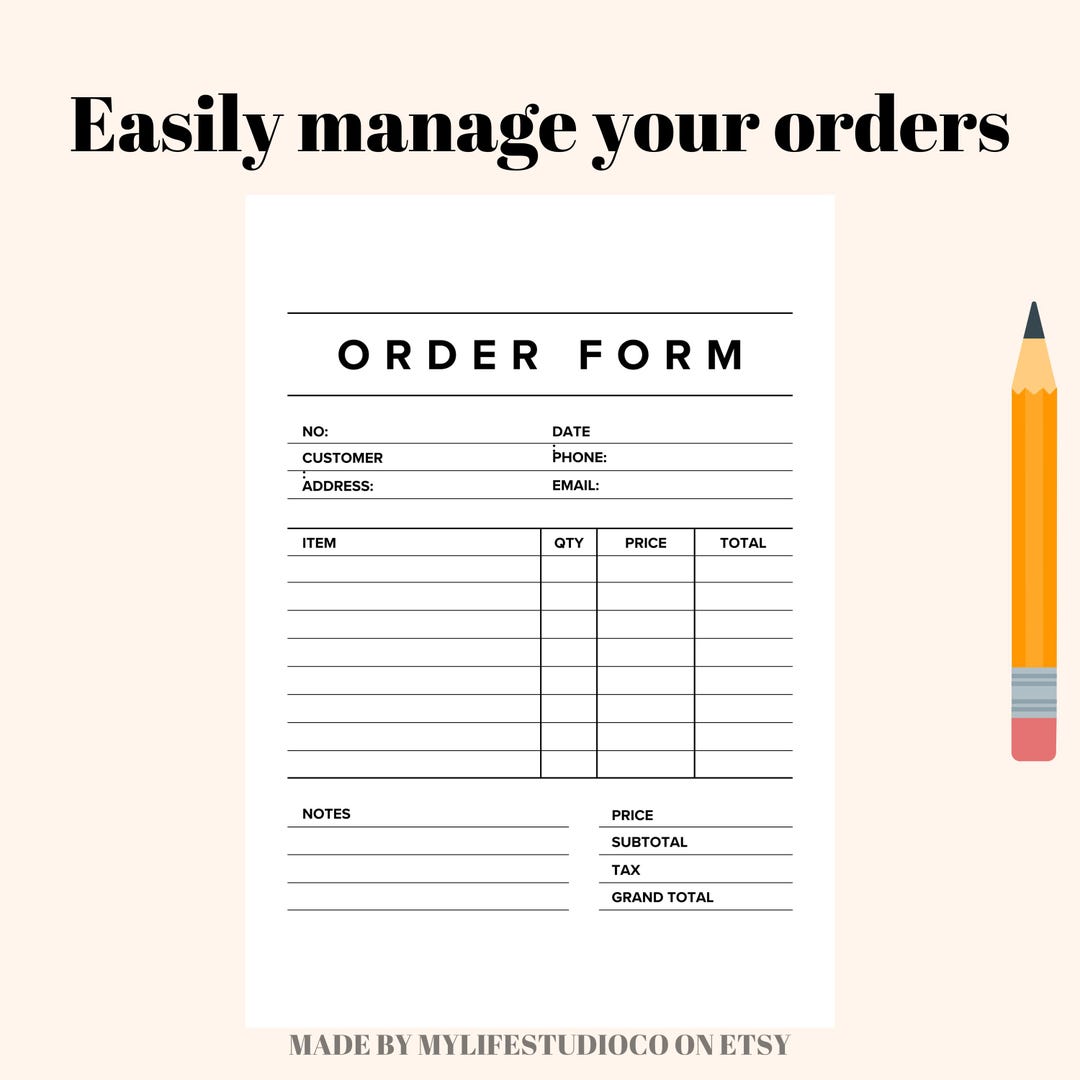 Order Form Template | Printable Order Sheet | Small Business Order ...