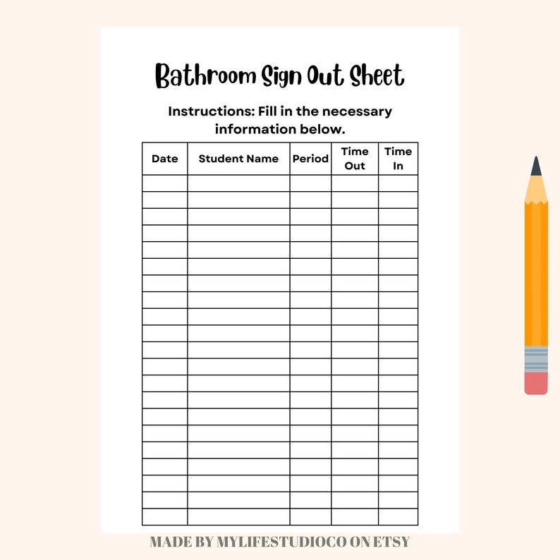 Bathroom Sign Out Sheet | Restroom Log | Printable Tracker | School ...