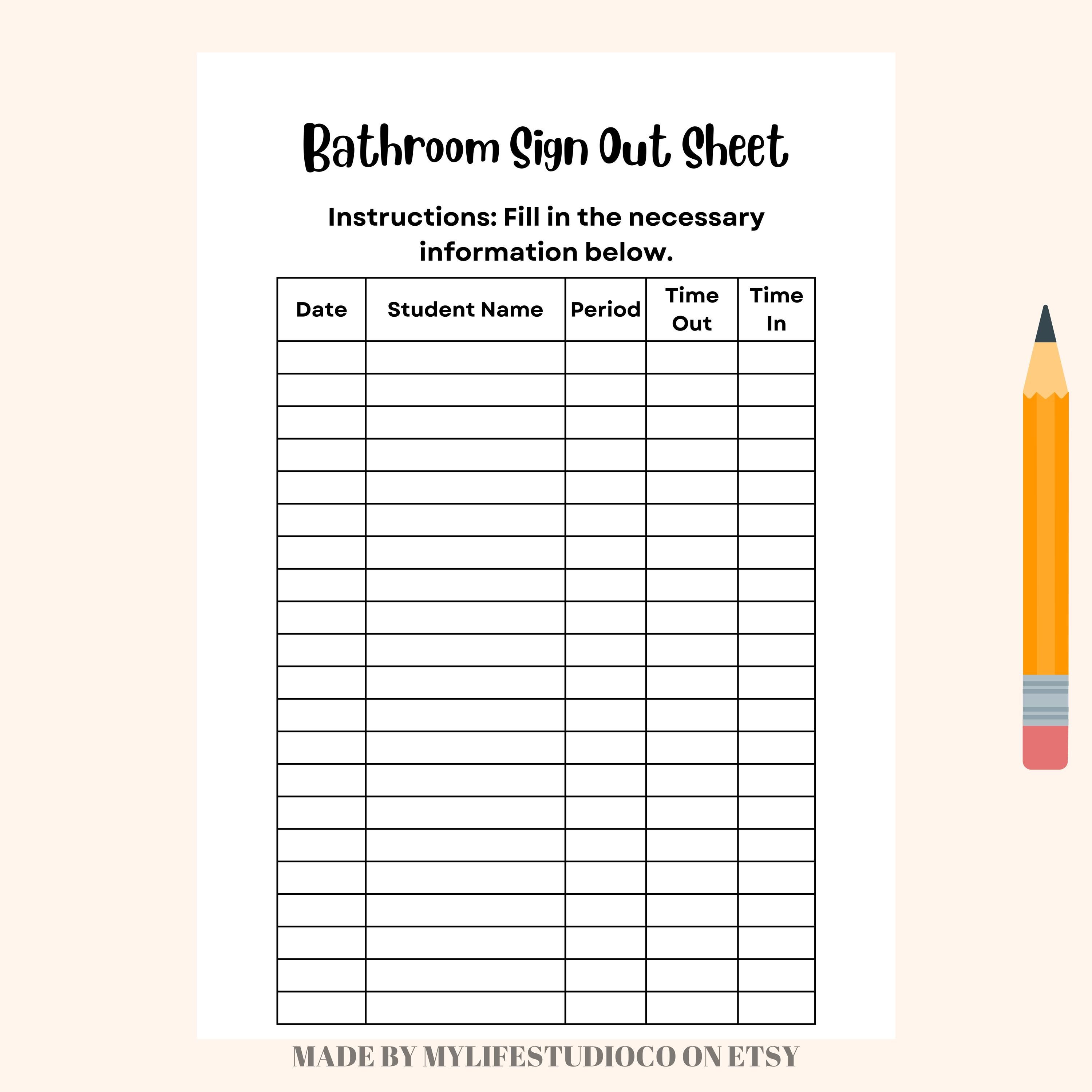Bathroom Sign Out Sheet | Restroom Log | Printable Tracker | School ...