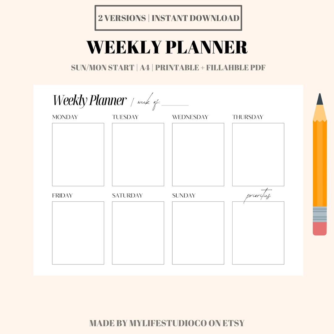 Weekly Planner Printable Landscape, Minimalist Weekly Schedule, Week at ...