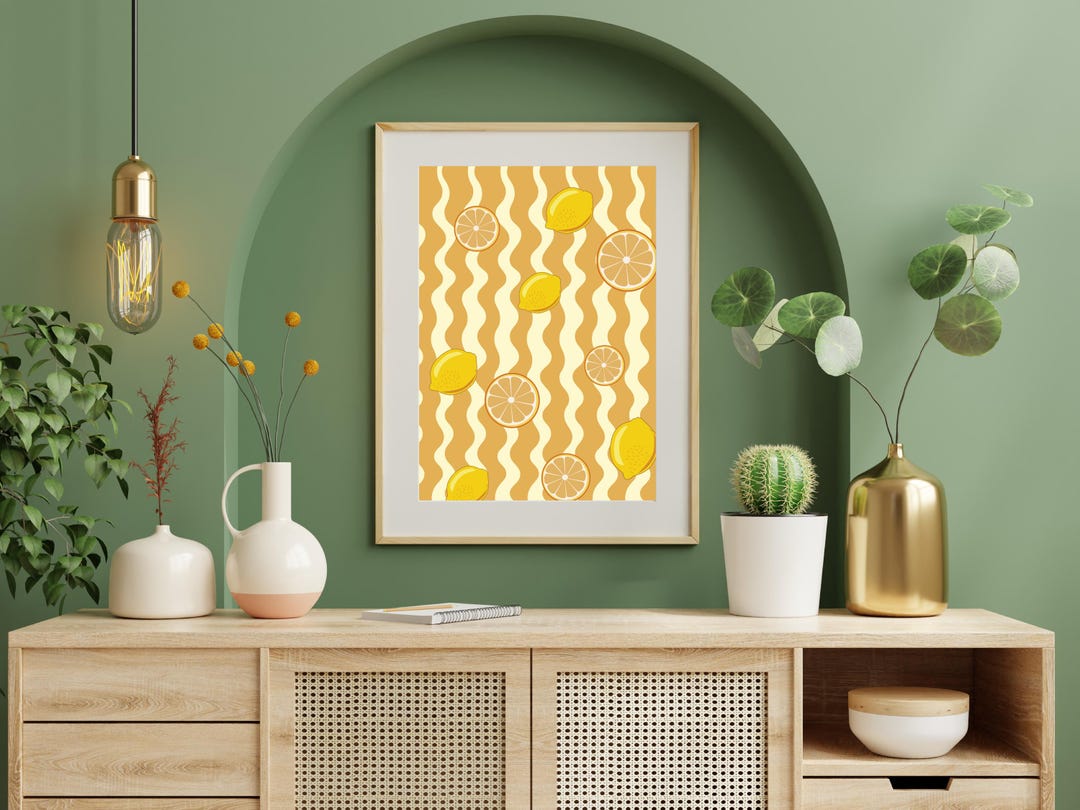 Retro Lemon Wall Art – 70s Wavy Citrus Kitchen Poster – Digital Summer ...