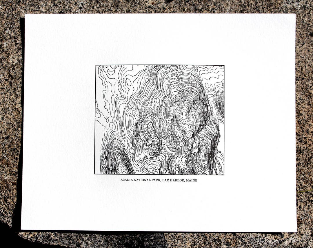 Acadia National Park, Maine Topo Map Letterpress Art Print 8x10 Bar ...