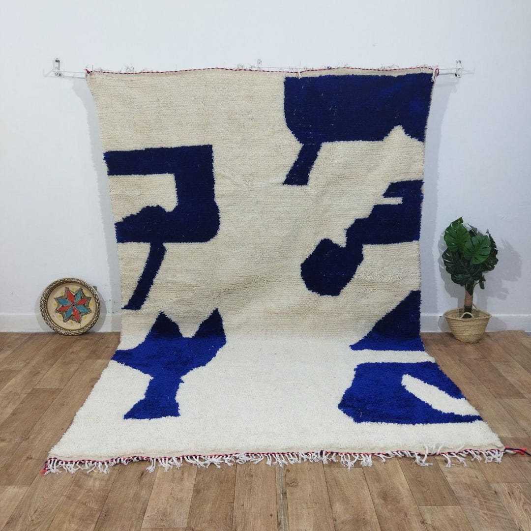 Handmade Berber Wool Rug: Moroccan Blue & White Geometric Carpet - Etsy