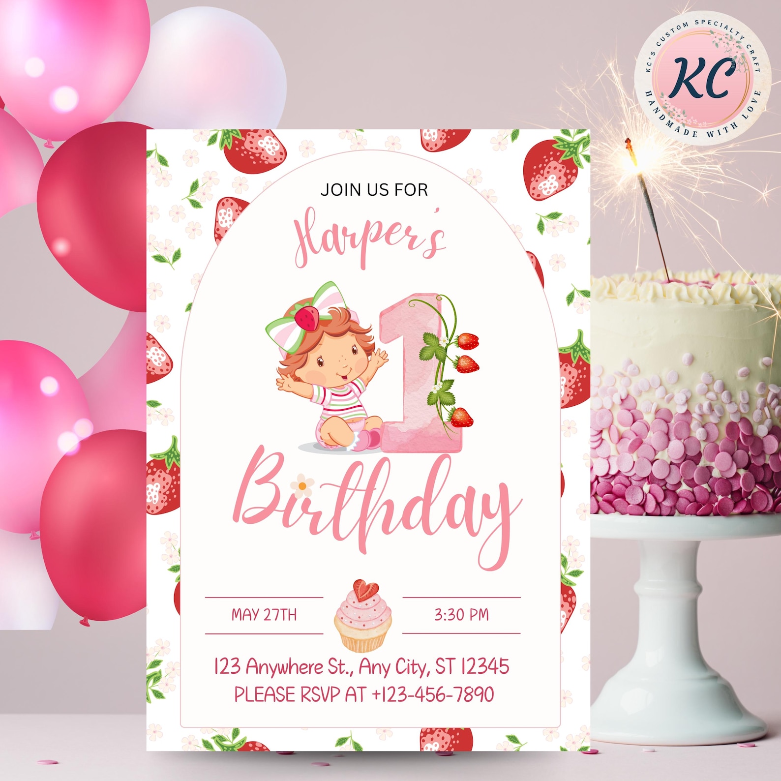 Strawberry Shortcake, Berry, First 1st Birthday Invitation, First Berry ...