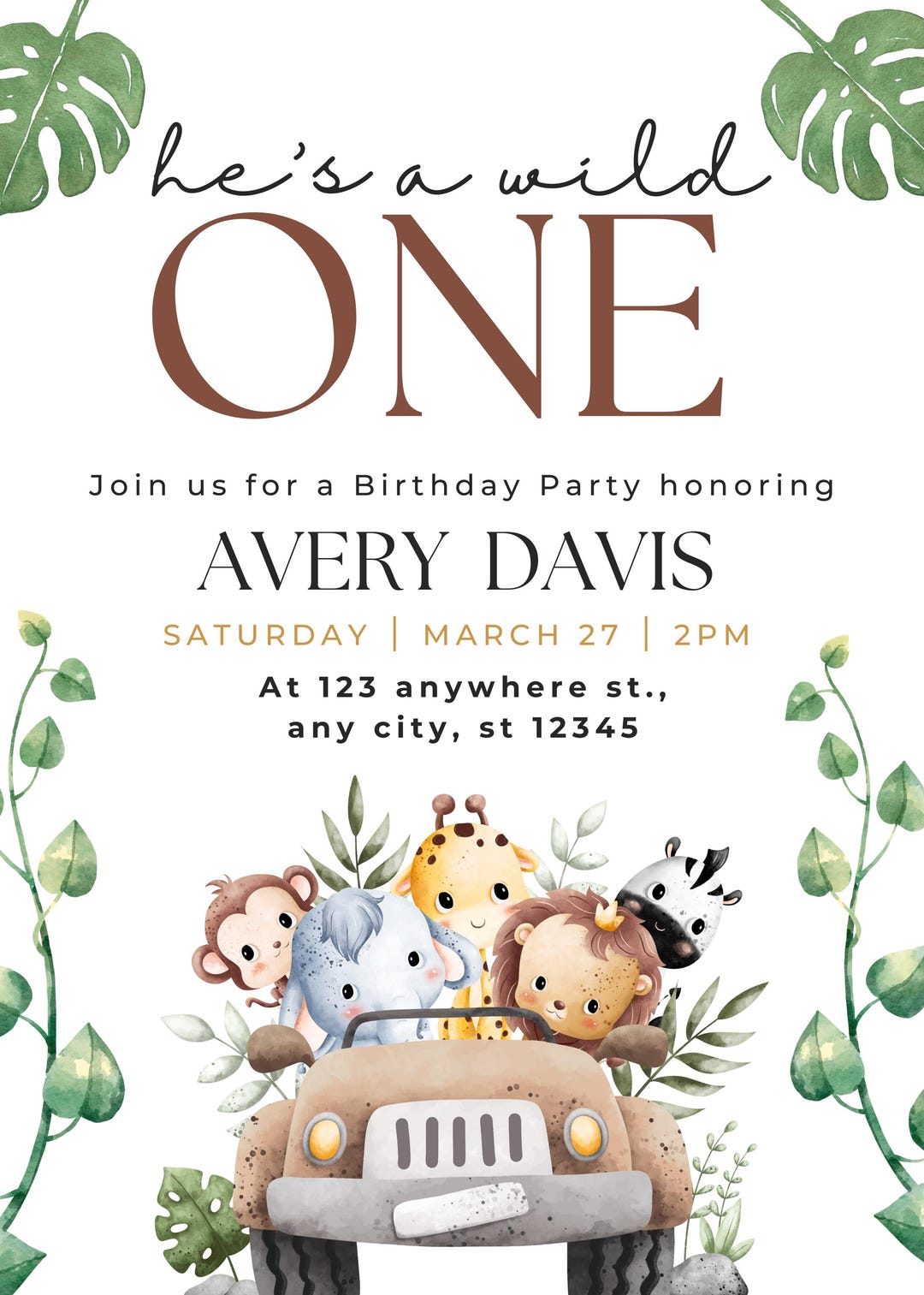 Wild One Birthday Invitation, Safari Wild One Party Invite, Printable ...