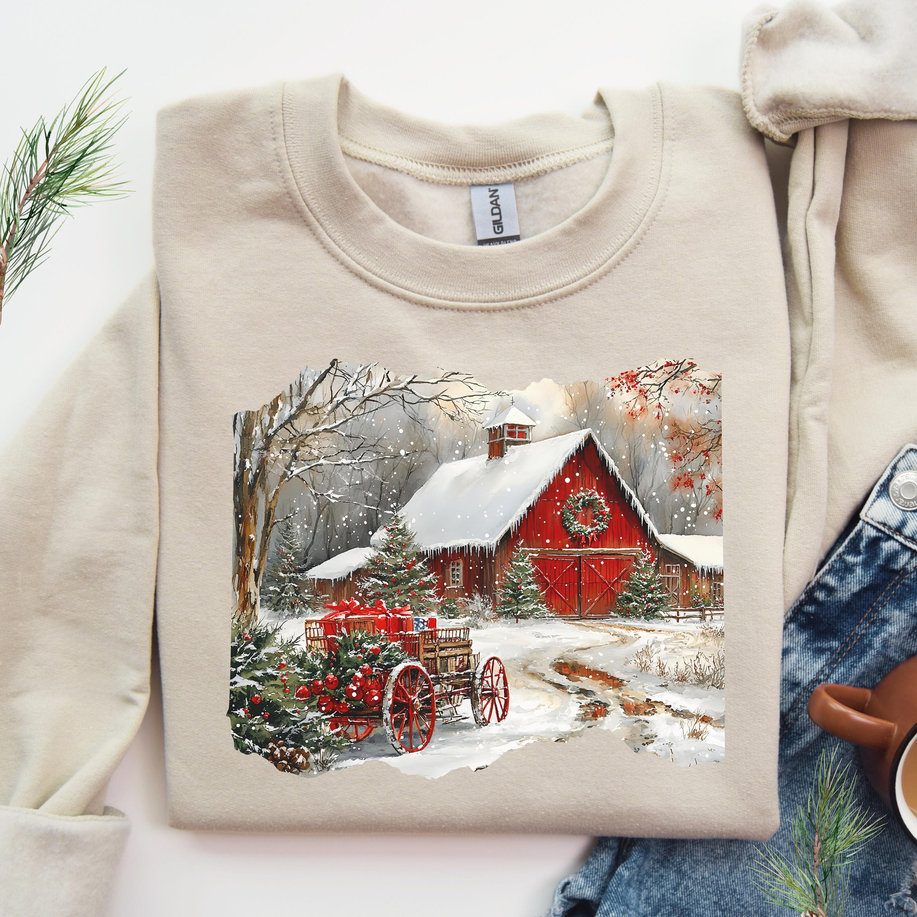 Retro Winter Red Barn Sweatshirt, 90's Retro Cozy Red Barn and Nature ...