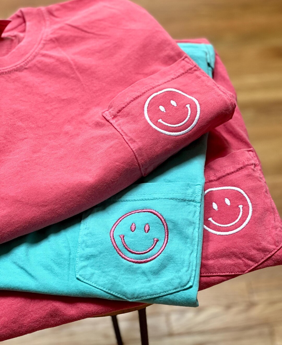 Smiley Face Comfort Colors Embroidered Pocket T-shirt, Happy Face ...