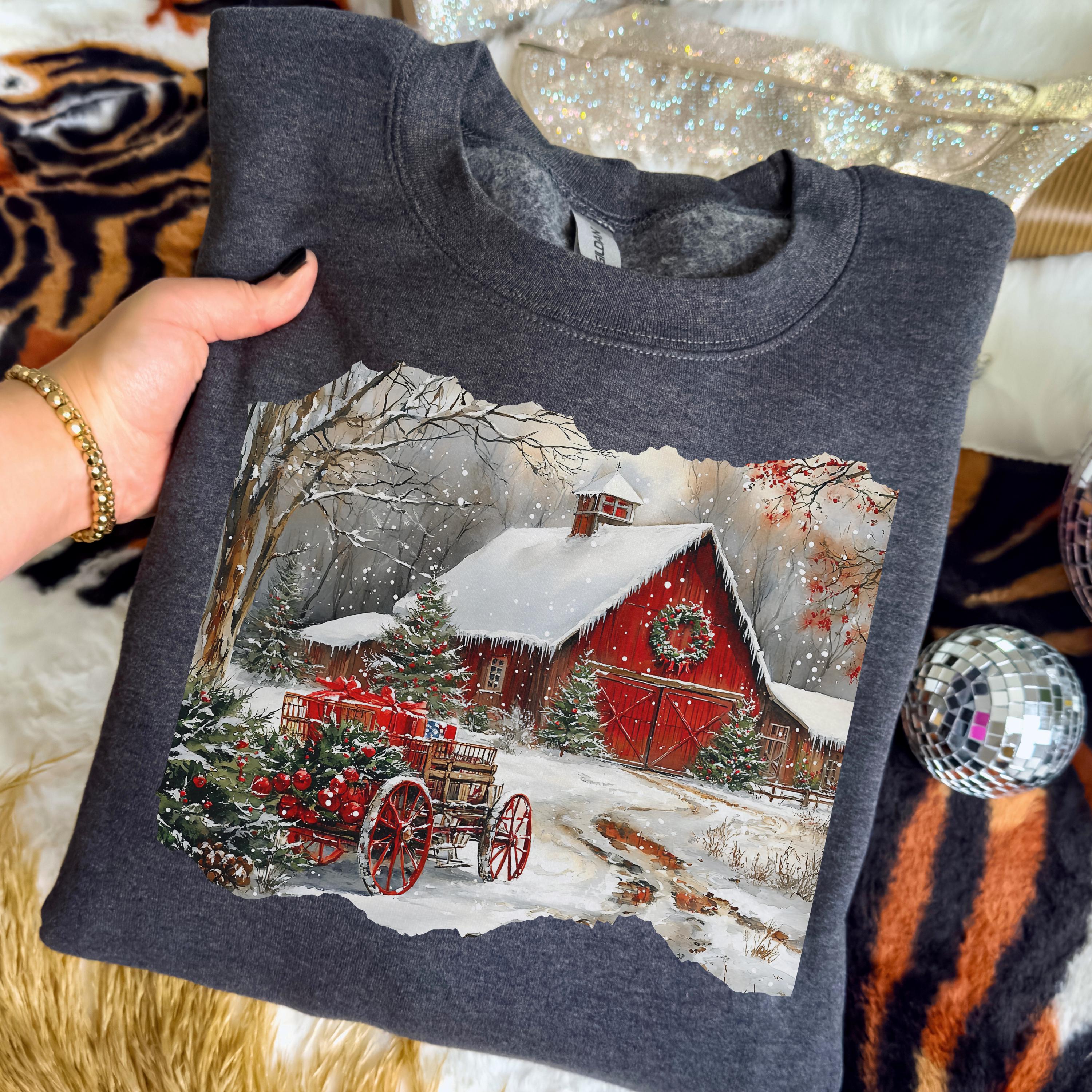 Retro Winter Red Barn Sweatshirt, 90's Retro Cozy Red Barn and Nature ...