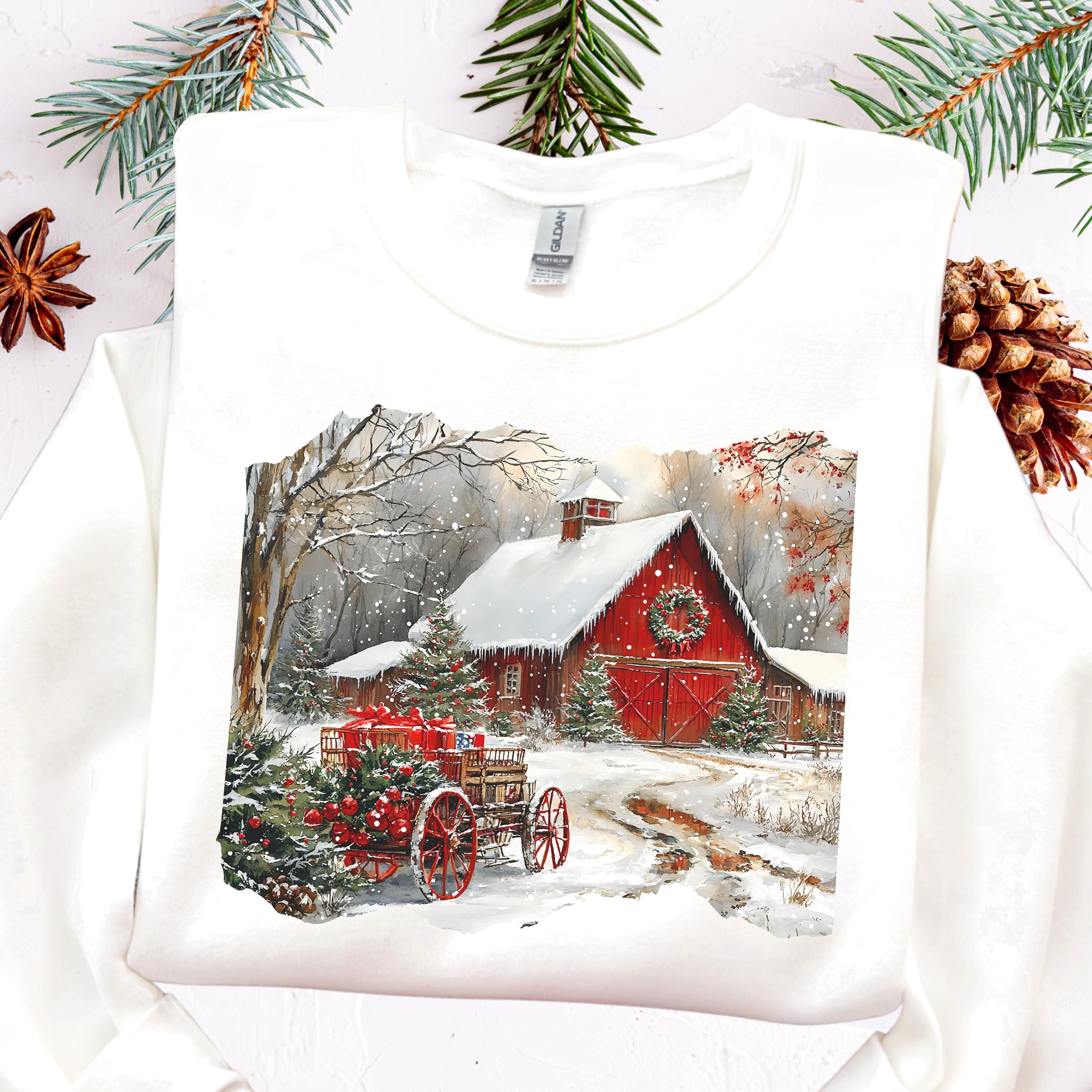 Retro Winter Red Barn Sweatshirt, 90's Retro Cozy Red Barn and Nature ...