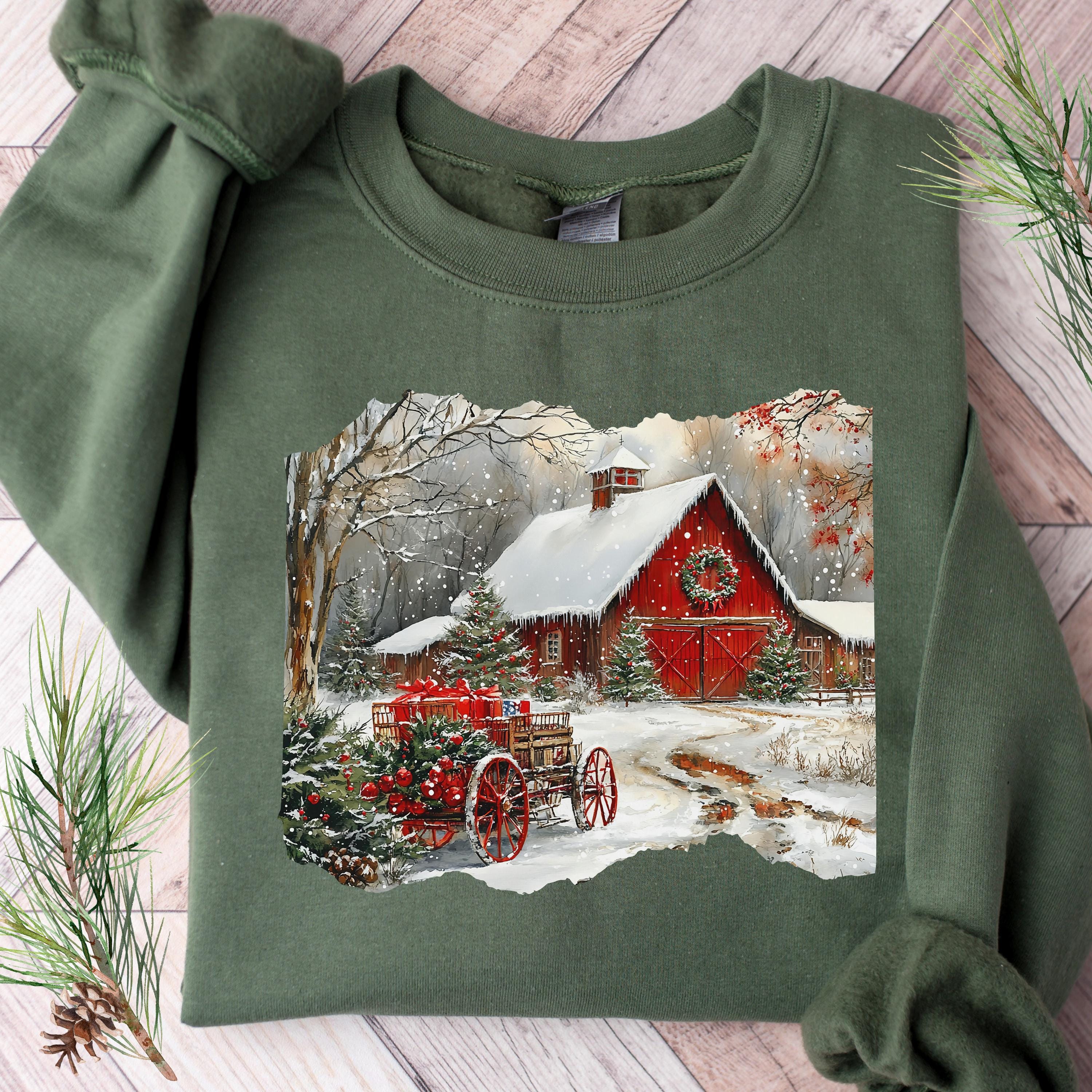 Retro Winter Red Barn Sweatshirt, 90's Retro Cozy Red Barn and Nature ...