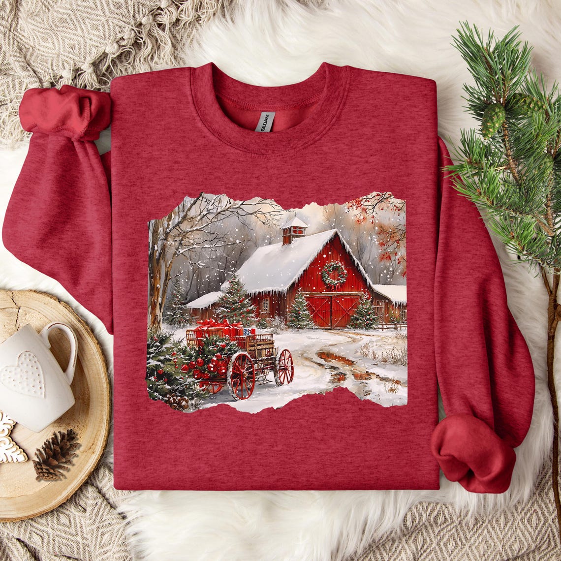 Retro Winter Red Barn Sweatshirt, 90's Retro Cozy Red Barn and Nature ...