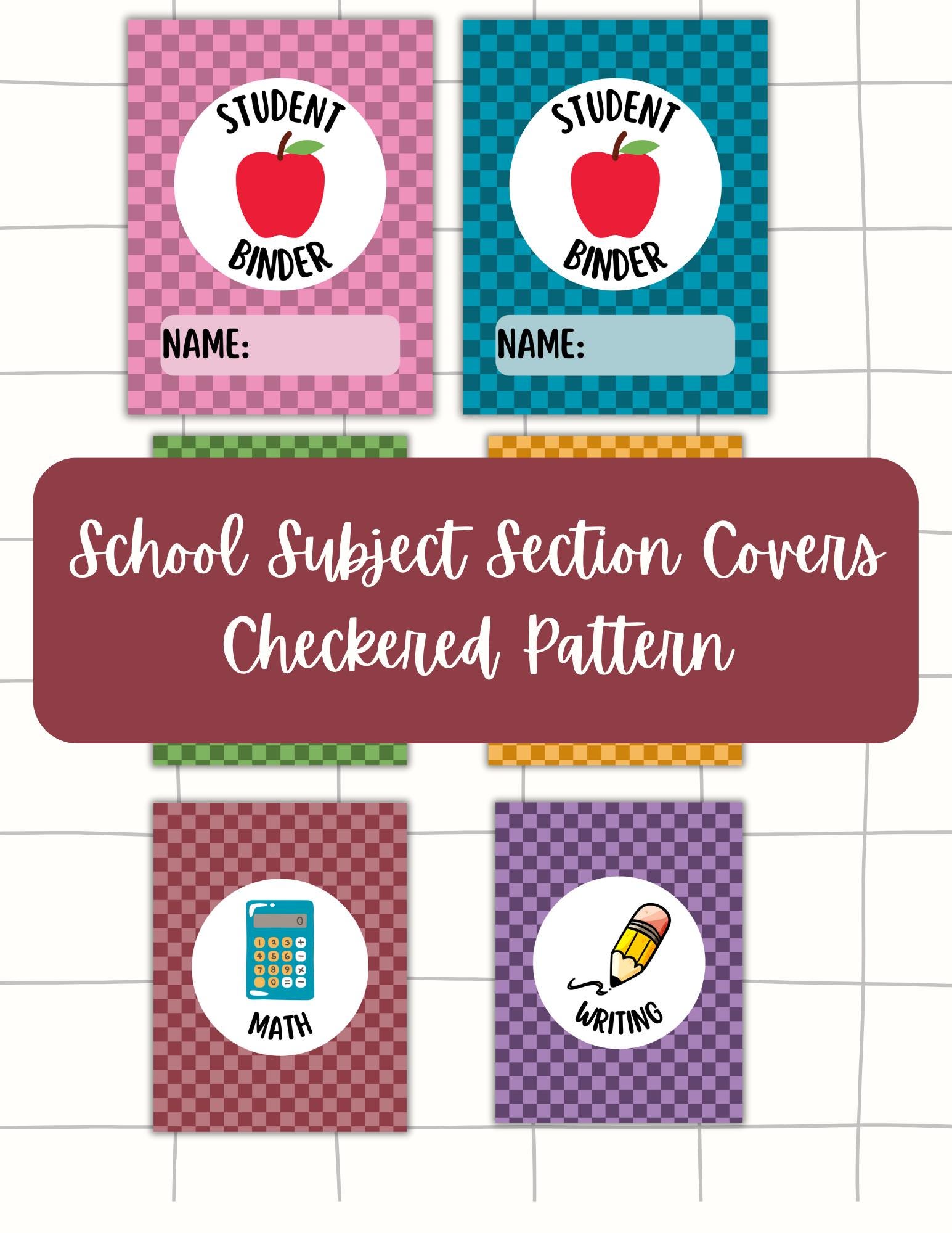 School Subject Binder Section and Divider Covers Checkered Pattern ...