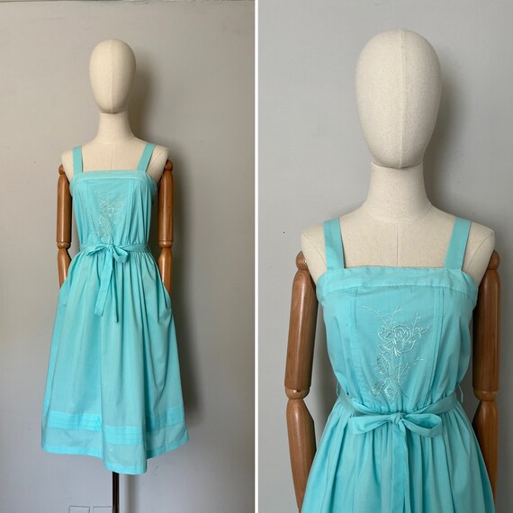 1970s 80s Robins Egg Blue Embroidered Sundress Gem