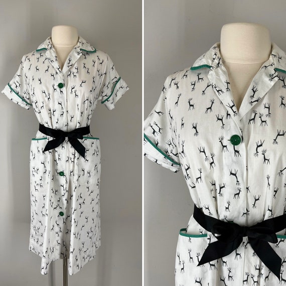 Mid Century Modern Stick Figure Reindeer Robe | 1960s… - Gem