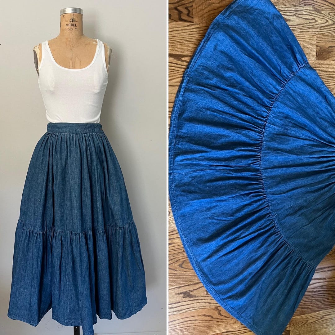 1980s Ralph Lauren Full Gathers Denim Skirt L Winter Weight Denim Skirt ...