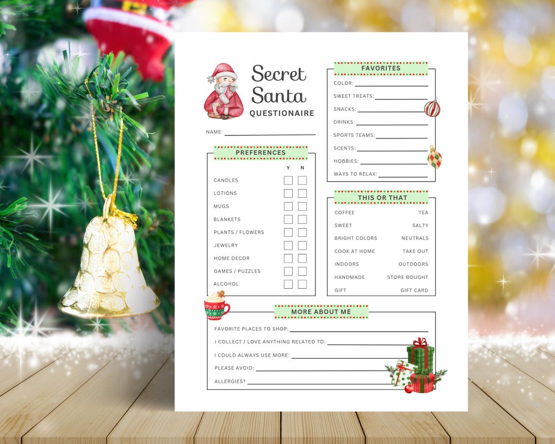 Secret Santa Survey Printable | Holiday Gift Exchange Form | Christmas ...