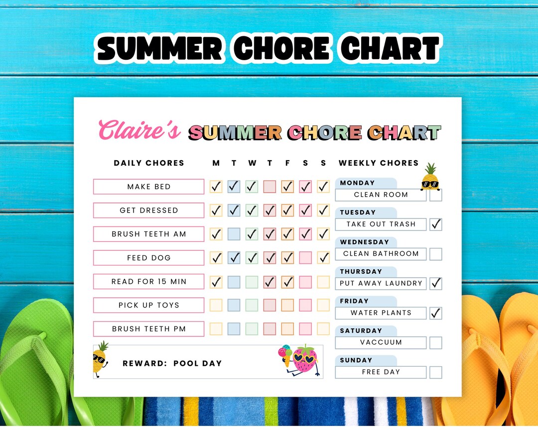 Summer Chore Chart for Kids, Editable Chore Chart, Toddler Chore Chart ...