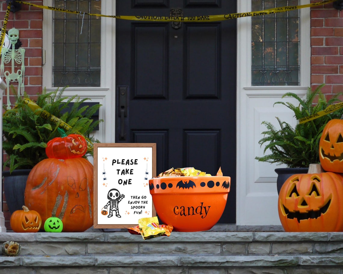 Halloween Candy Bowl Sign: Skeleton Trick or Treater - Please Take One ...