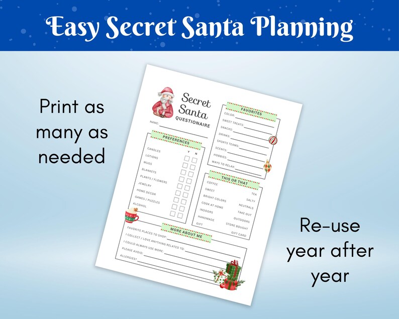 Secret Santa Survey Printable | Holiday Gift Exchange Form | Christmas ...