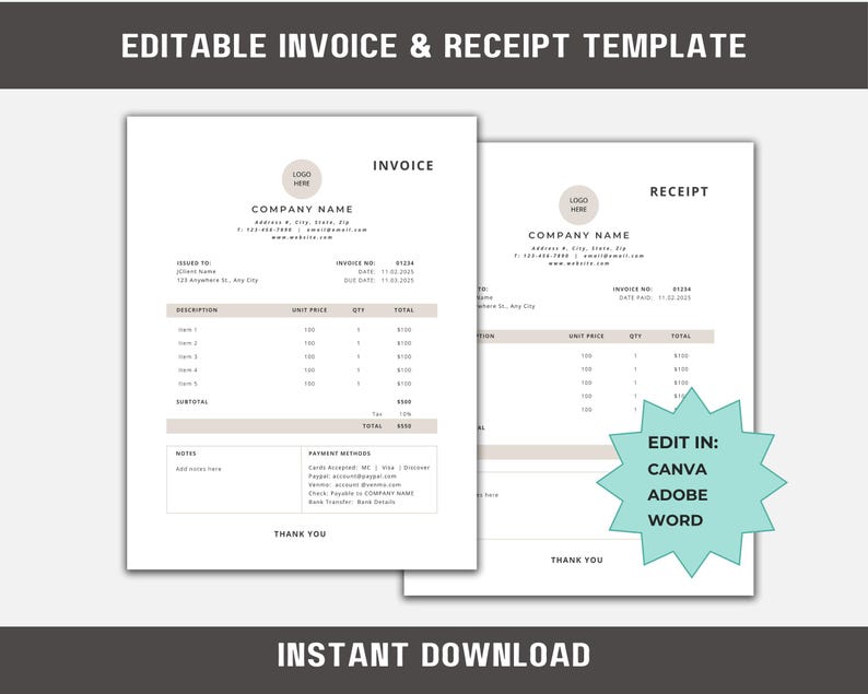 Editable Invoice Receipt Template: Modern Simple Design (digital ...