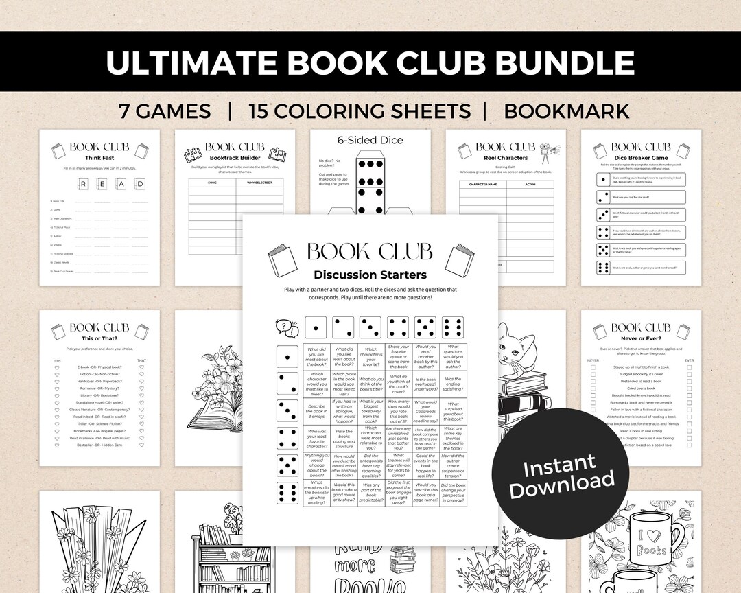Printable Book Club Kit With Games, Coloring Sheets, Bookmark - Instant ...