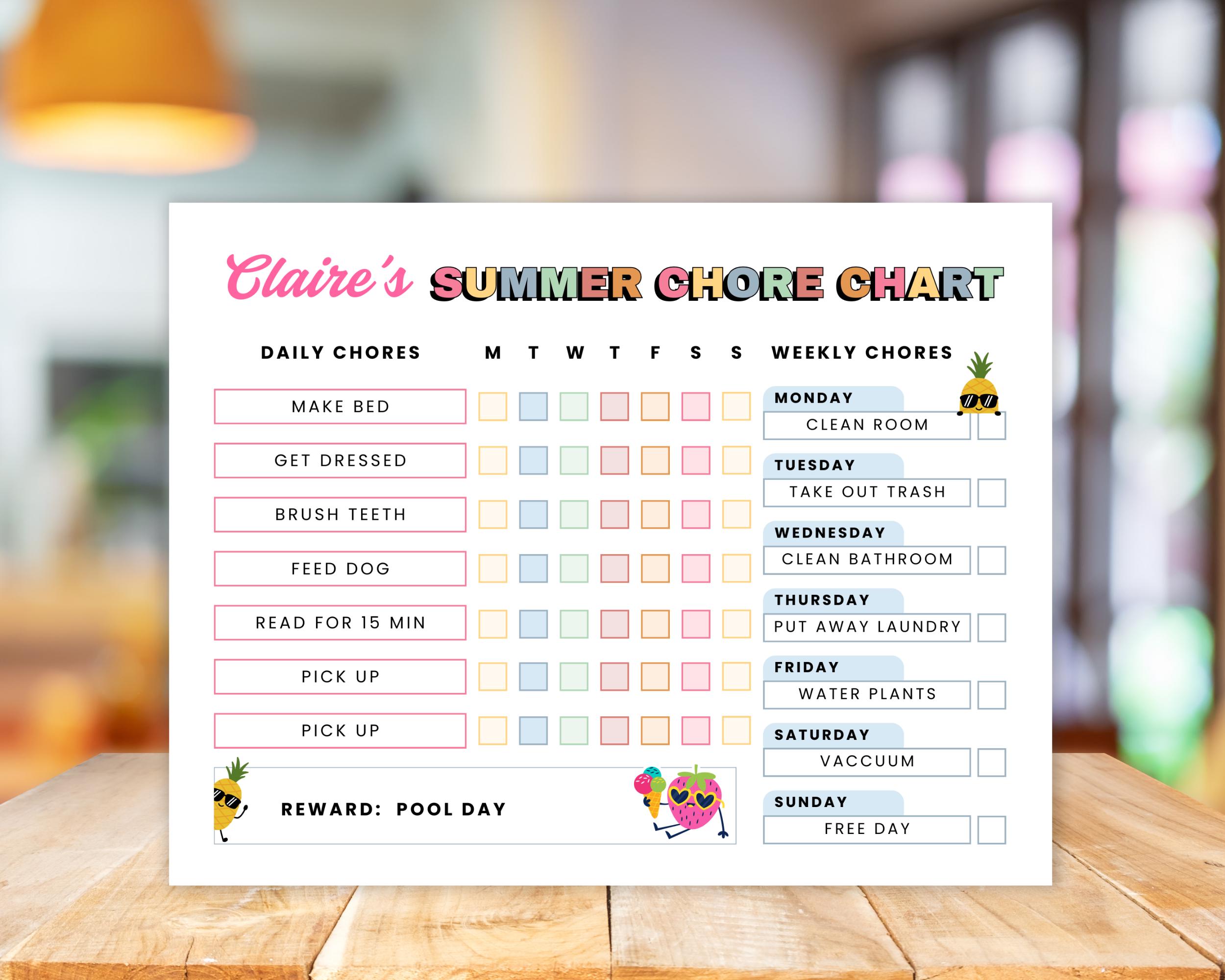 Summer Chore Chart for Kids, Editable Chore Chart, Toddler Chore Chart ...