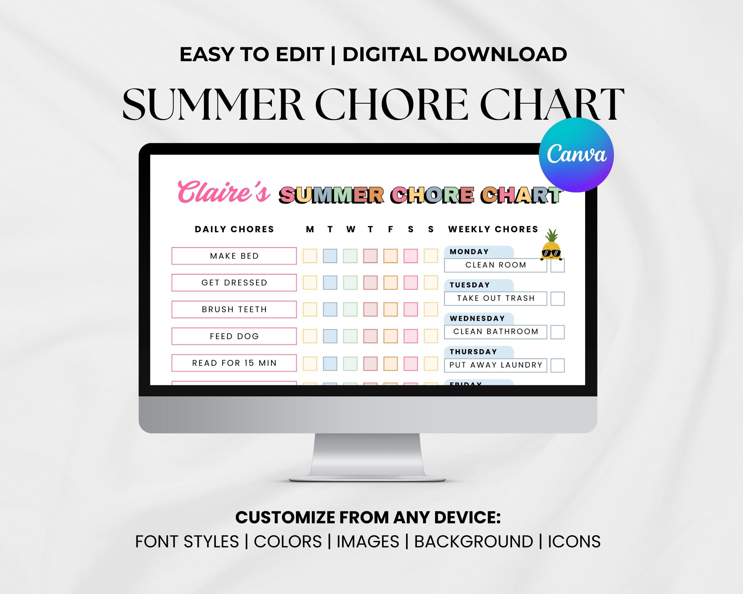 Summer Chore Chart for Kids, Editable Chore Chart, Toddler Chore Chart ...