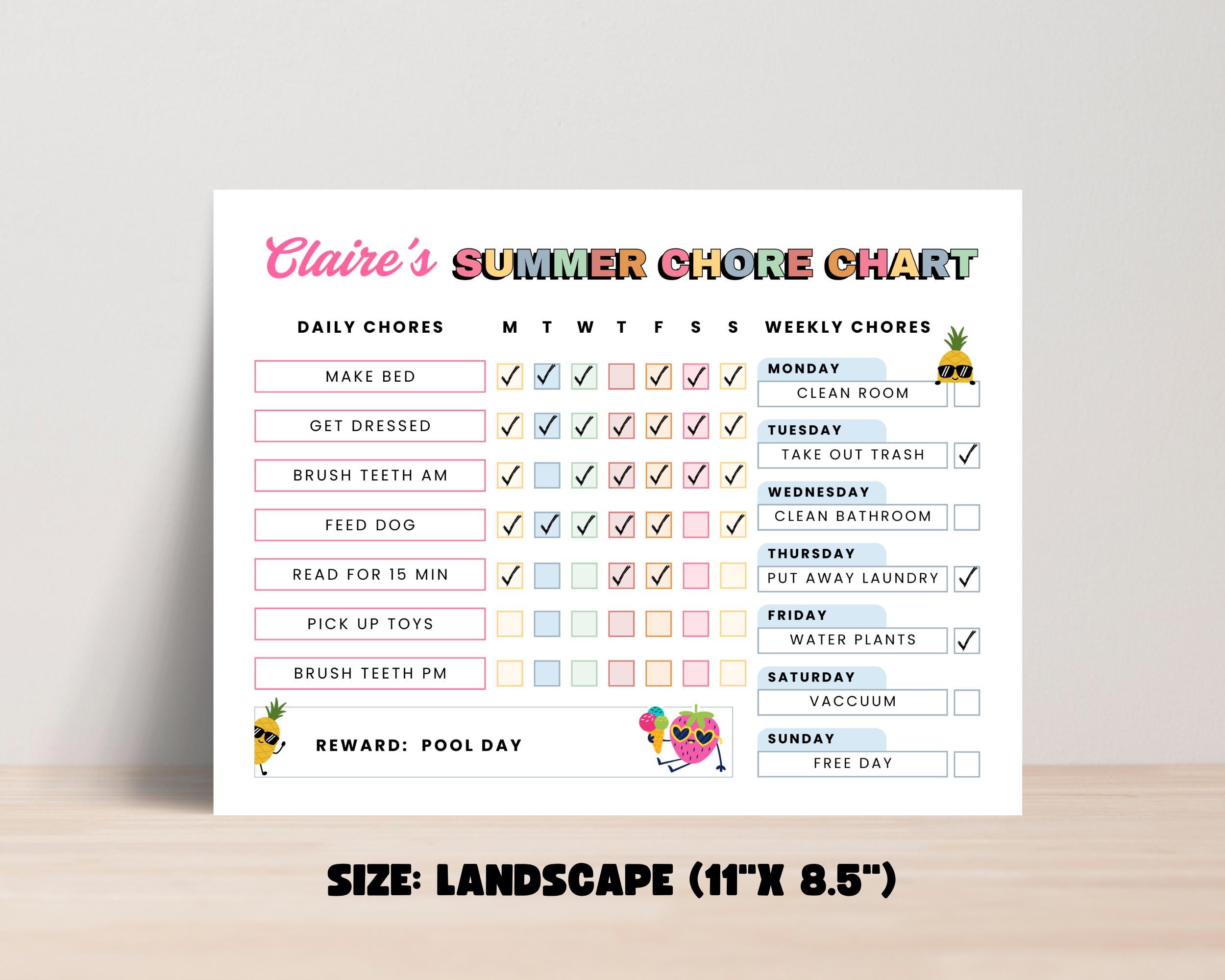 Summer Chore Chart for Kids, Editable Chore Chart, Toddler Chore Chart ...