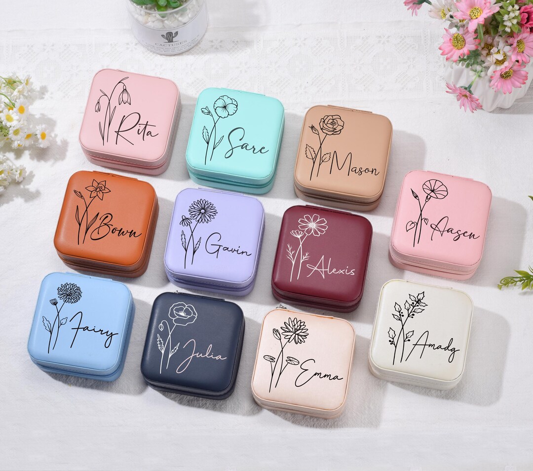 Engraved Birth Flower Jewelry Box, Birthday Gift, Travel Jewelry Box ...
