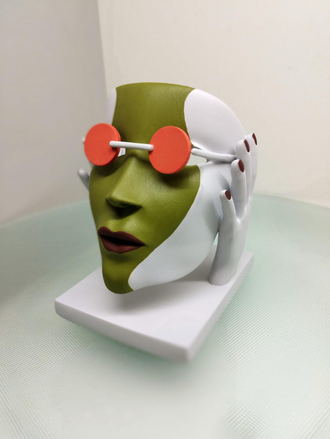 Abstract Face Sculpture: Modern Surrealist Figurine With Red Glasses ...