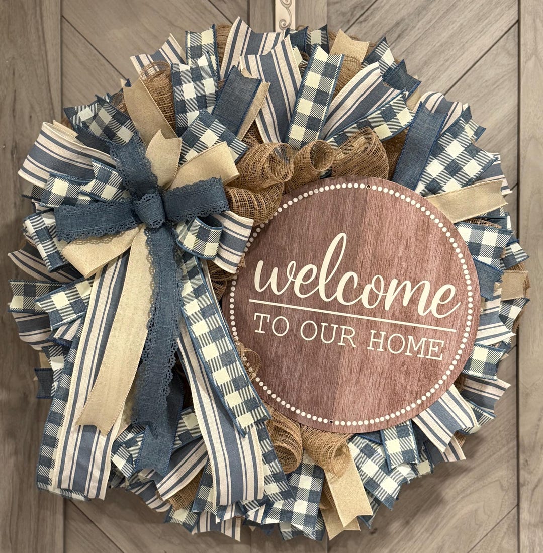 Farmhouse Welcome Wreath | Smoke Blue & Cream Burlap Wreath | Neutral ...
