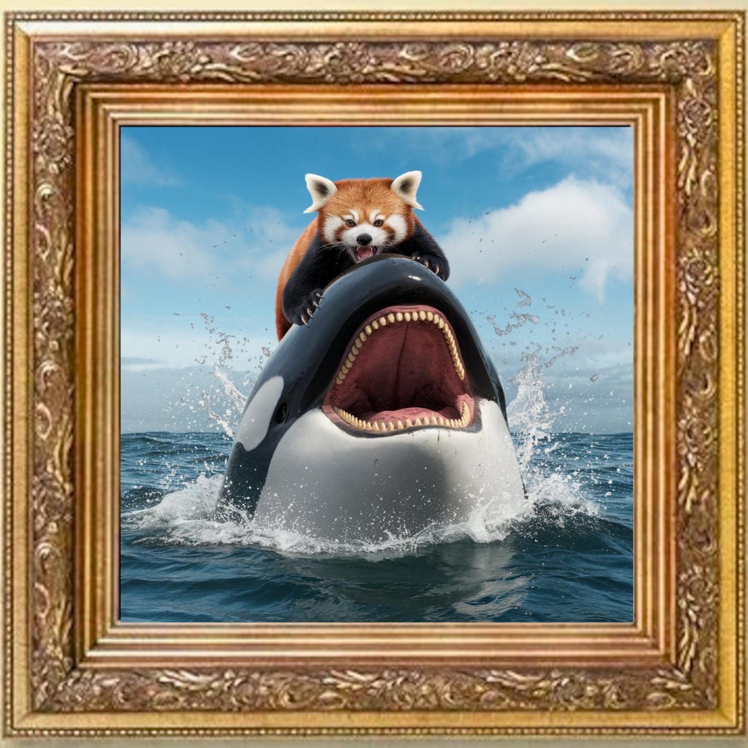 Epic Red Panda & Orca Adventure Fantasy Ocean Wall Art, Surreal Animal ...