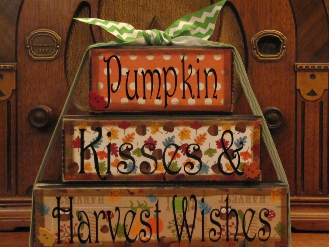 Fall Decor, Fall Sign - Pumpkin Kisses and Harvest Wishes, Word Blocks ...
