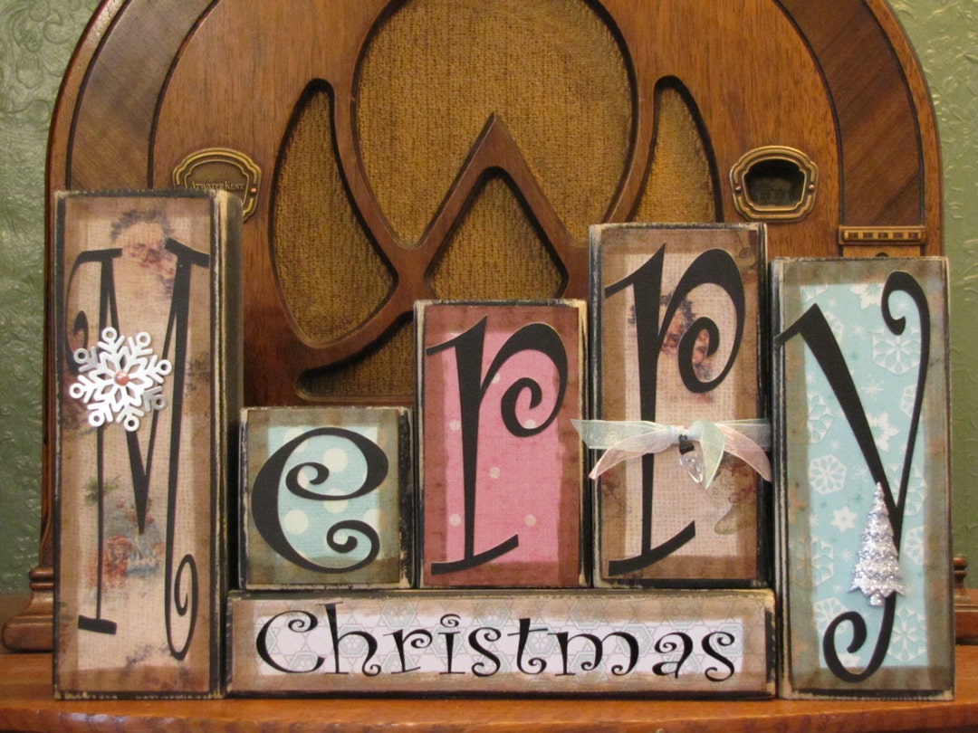 Christmas Decor, Shabby Chic Christmas Sign Word Blocks - Merry ...