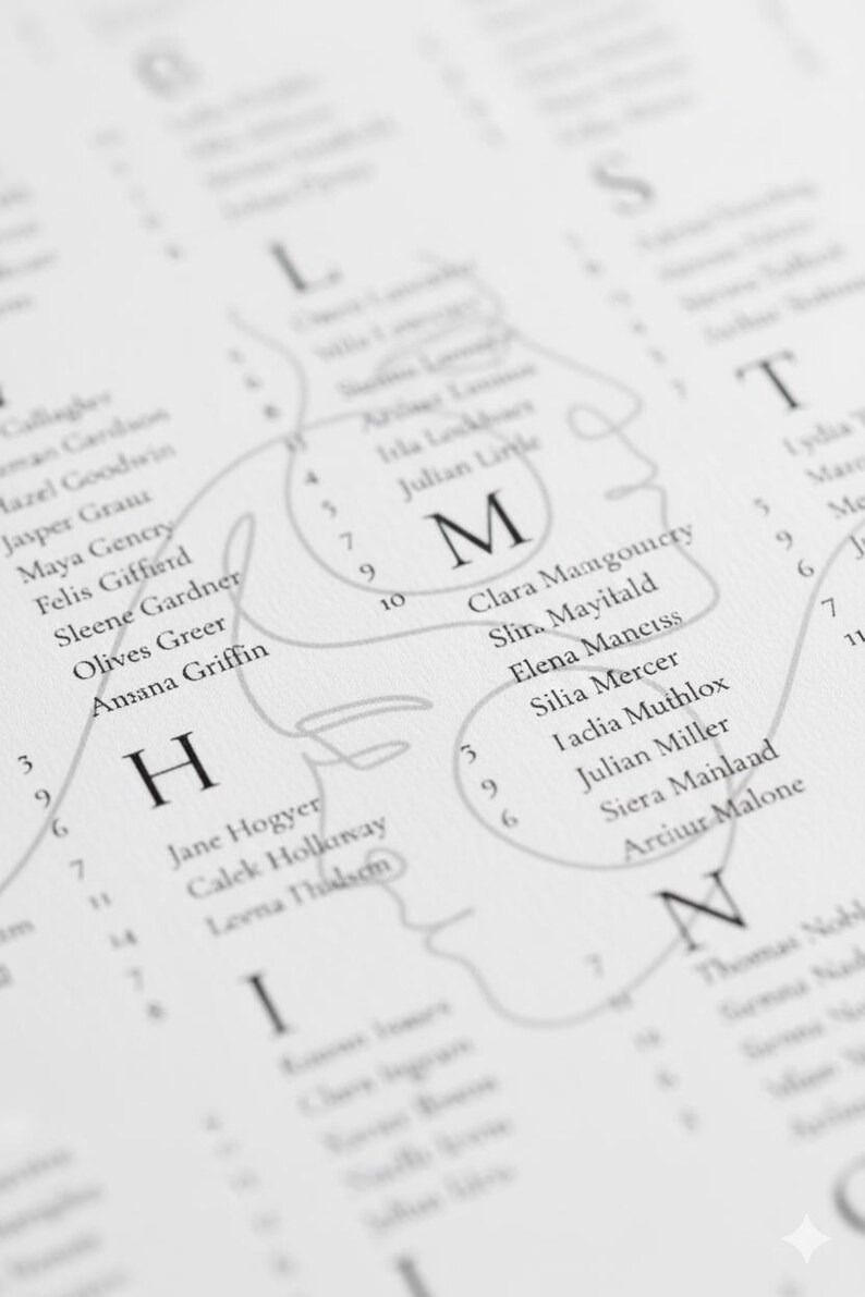 Elegant Alphabetical Seating Chart Template, Modern Line Art Portrait ...