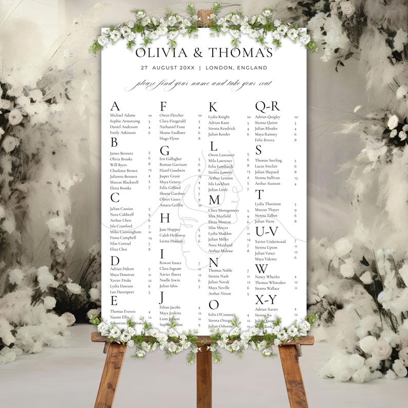 Elegant Alphabetical Seating Chart Template, Modern Line Art Portrait ...