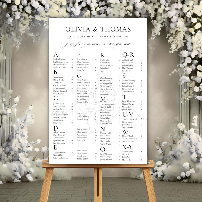 Elegant Alphabetical Seating Chart Template, Modern Line Art Portrait ...