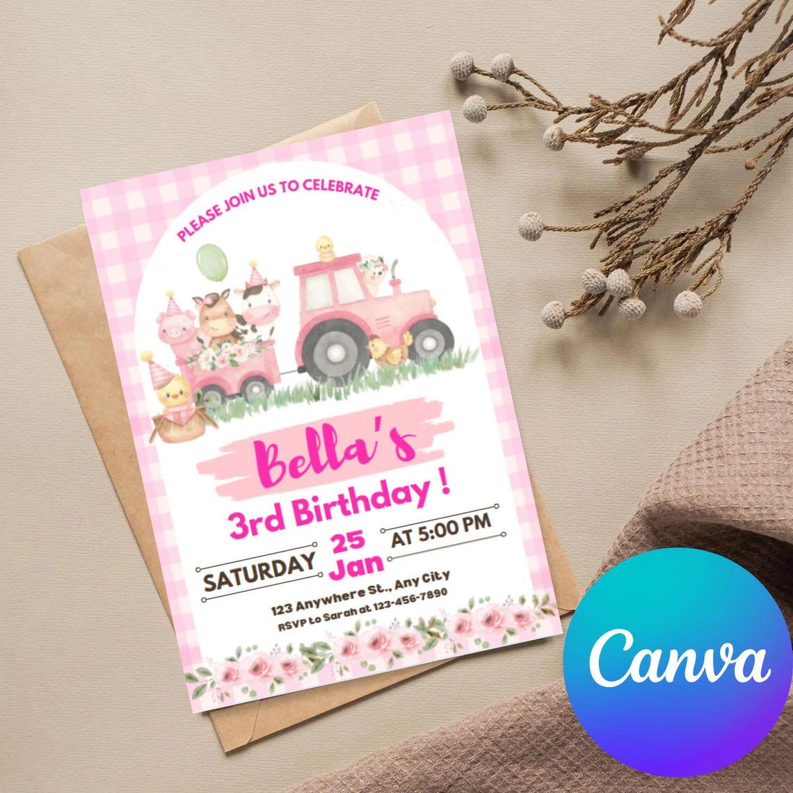 Editable Pink Farm Birthday Invitation, Farm Animals Birthday Invite ...
