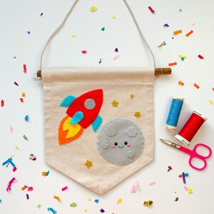 Space Ship Pennant Flag, Felt Happy Moon Wall Hanging, Cute Nursery ...